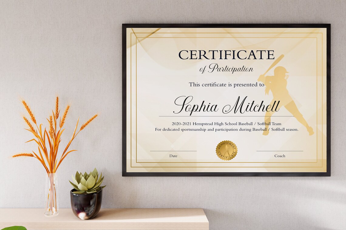 Gold Girls Softball Certificate Template, Softball Participation Award ...