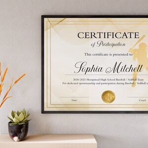 Gold Girls Softball Certificate Template, Softball Participation Award ...
