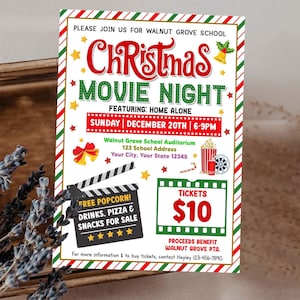 Christmas Movie Night Flyer, Holiday Cinema Party Invitation, Xmas ...