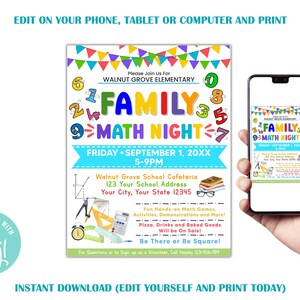 Editable Family Math Night Flyer, PTO PTA Family School Flyer, Math ...