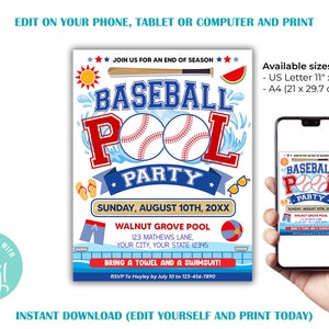 Baseball Pool Party Party, End of Season Pool Party Invite, Baseball ...