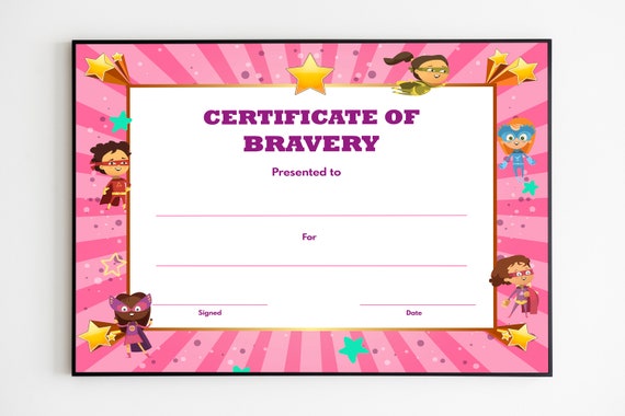 Printable PDF Certificate of Bravery, Pink PDF Kids Certificate ...