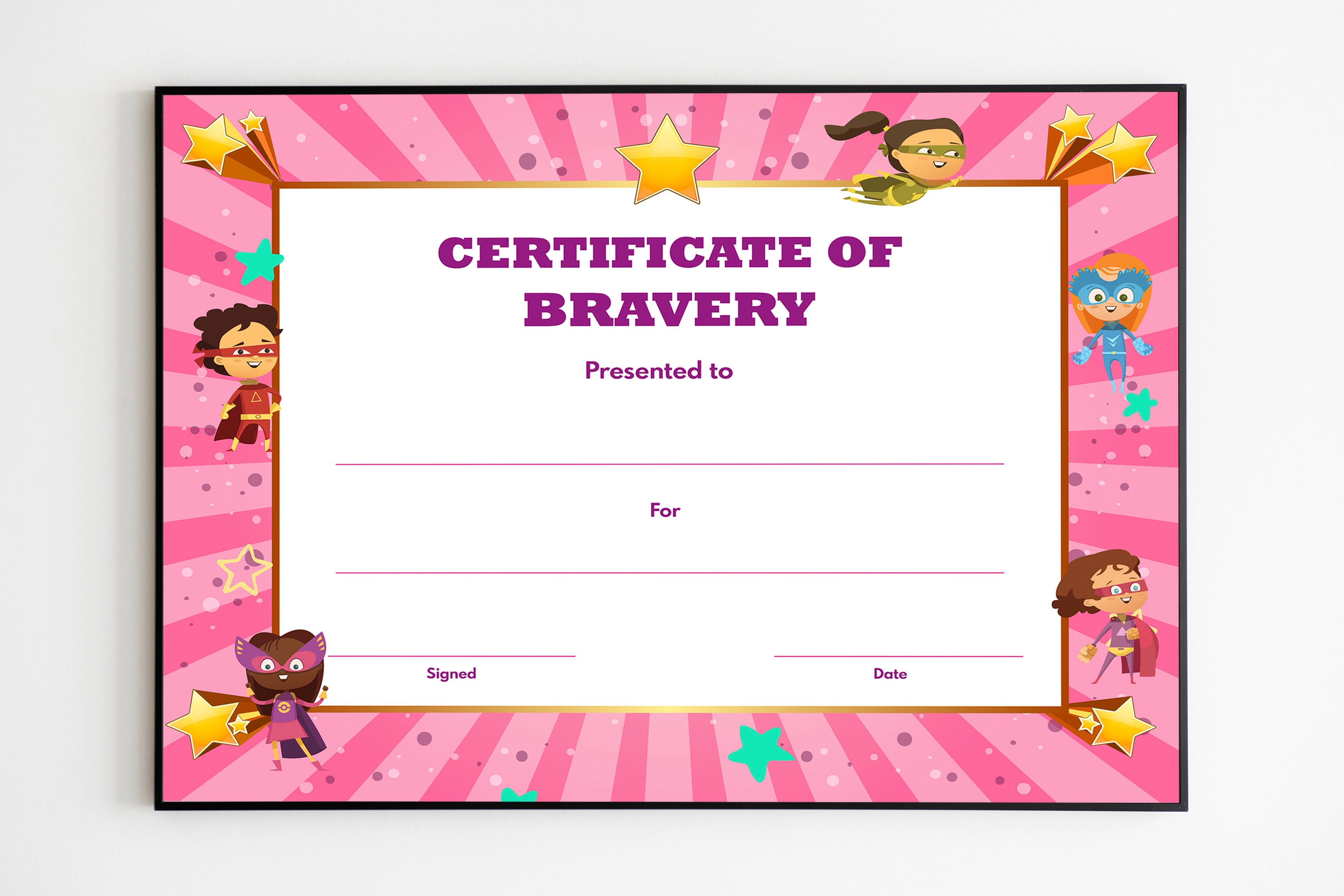 Printable PDF Certificate of Bravery, Pink PDF Kids Certificate ...