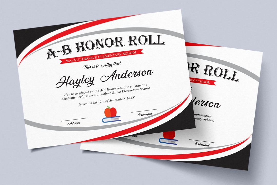 Editable AB Honor Roll Certificate Template, Red Black School Award ...