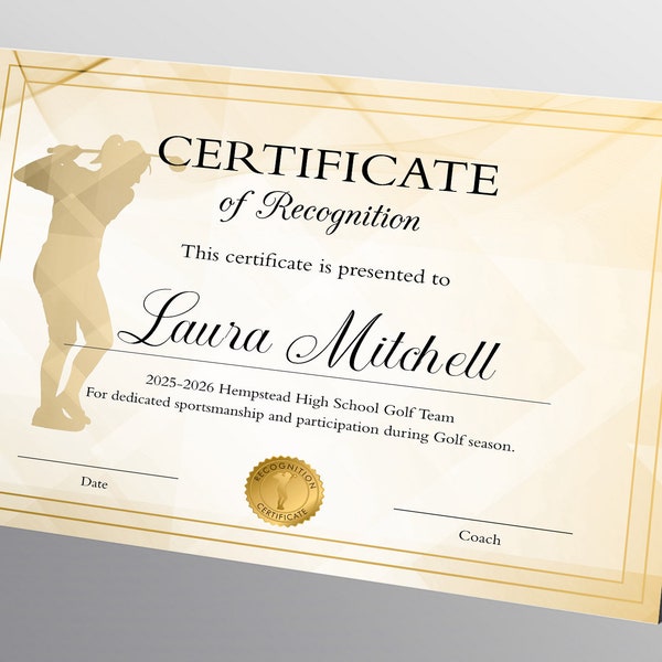Golf Certificate of Recognition - Etsy