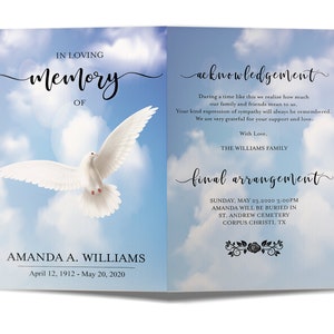 Blue Sky White Dove Funeral Program Editable Program for | Etsy