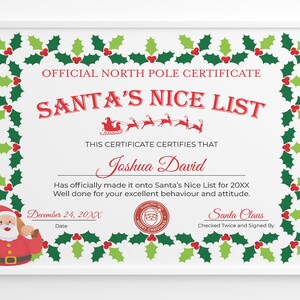 Editable Christmas Nice List Certificate Instant Download, Christmas ...