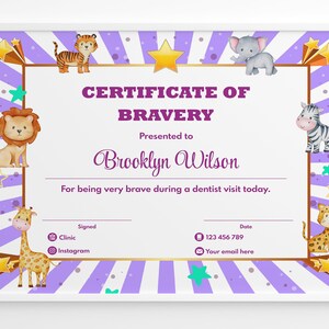 Editable Certificate of Bravery, Cute Animal Theme Printable Kids ...