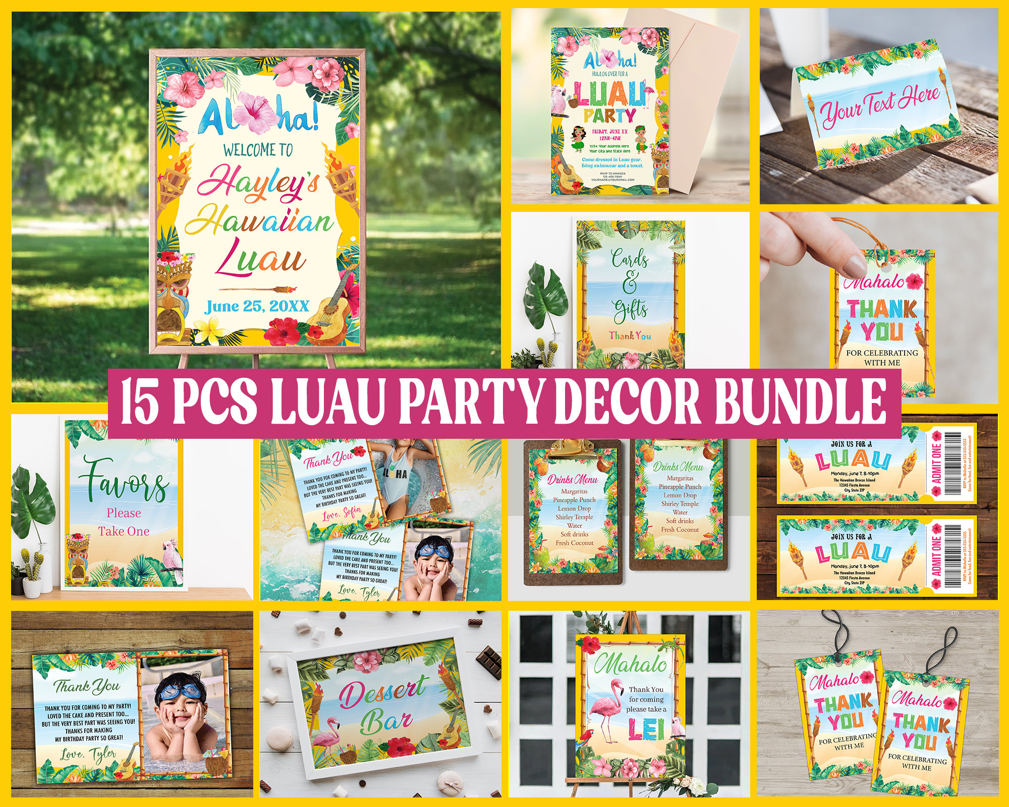 15 Piece Luau Party Decor Bundle, Luau Party Kit Template, Hawaiian ...