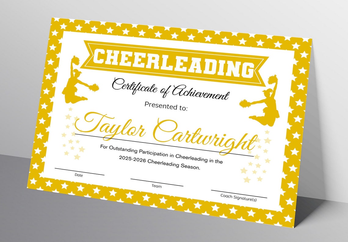 EDITABLE Cheerleader Certificate, Yellow Cheer Certificates Sports ...