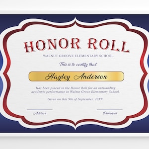 School Award Certificate Template, DIY Honor Roll Award, Red and Blue ...