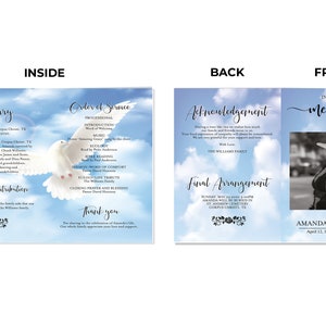 Dove Funeral Program, 4 Page Editable Program for Funeral Print, Blue ...