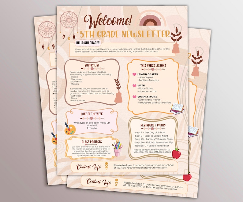 Back to School Newsletter Template for Teacher, Boho Back to School ...