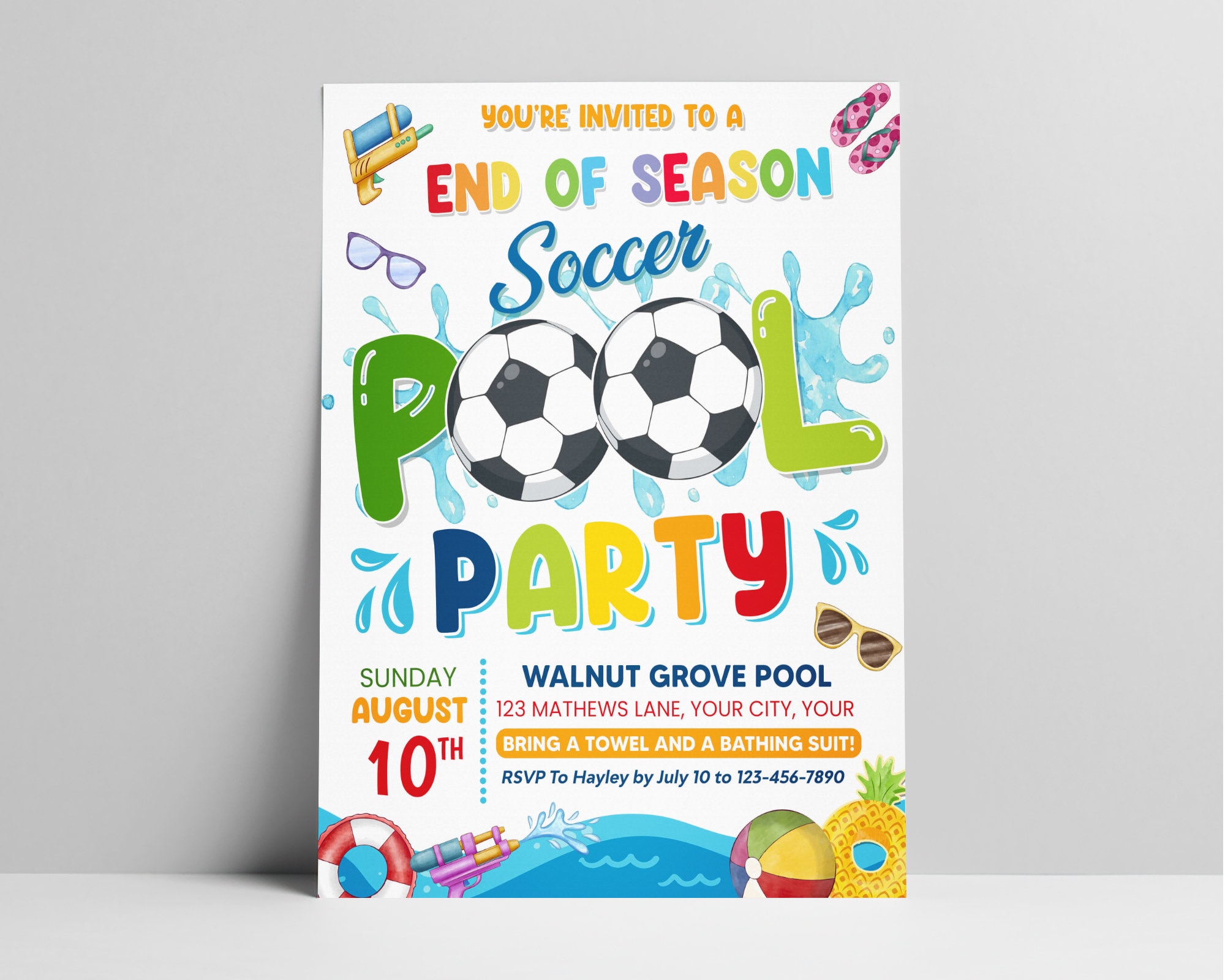 Editable End of Season Soccer Pool Party, Sports Pool Party Invite ...