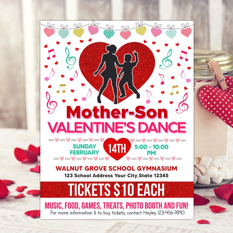 Editable Mother Son Valentine's Day Dance Flyer, Valentines School ...