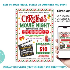 Christmas Movie Night Flyer, Holiday Cinema Party Invitation, Xmas ...