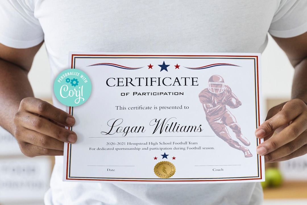 Red White Football Certificate Template, DIY Football Participation ...