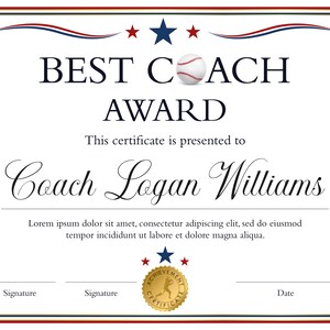 Downloadable Baseball Coach Certificate Template, Best Baseball Coach ...