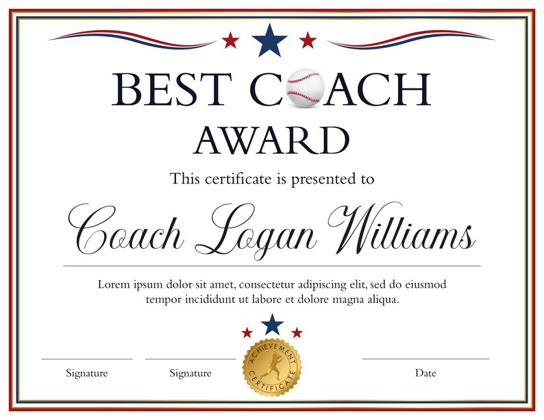 Downloadable Baseball Coach Certificate Template Best - Etsy