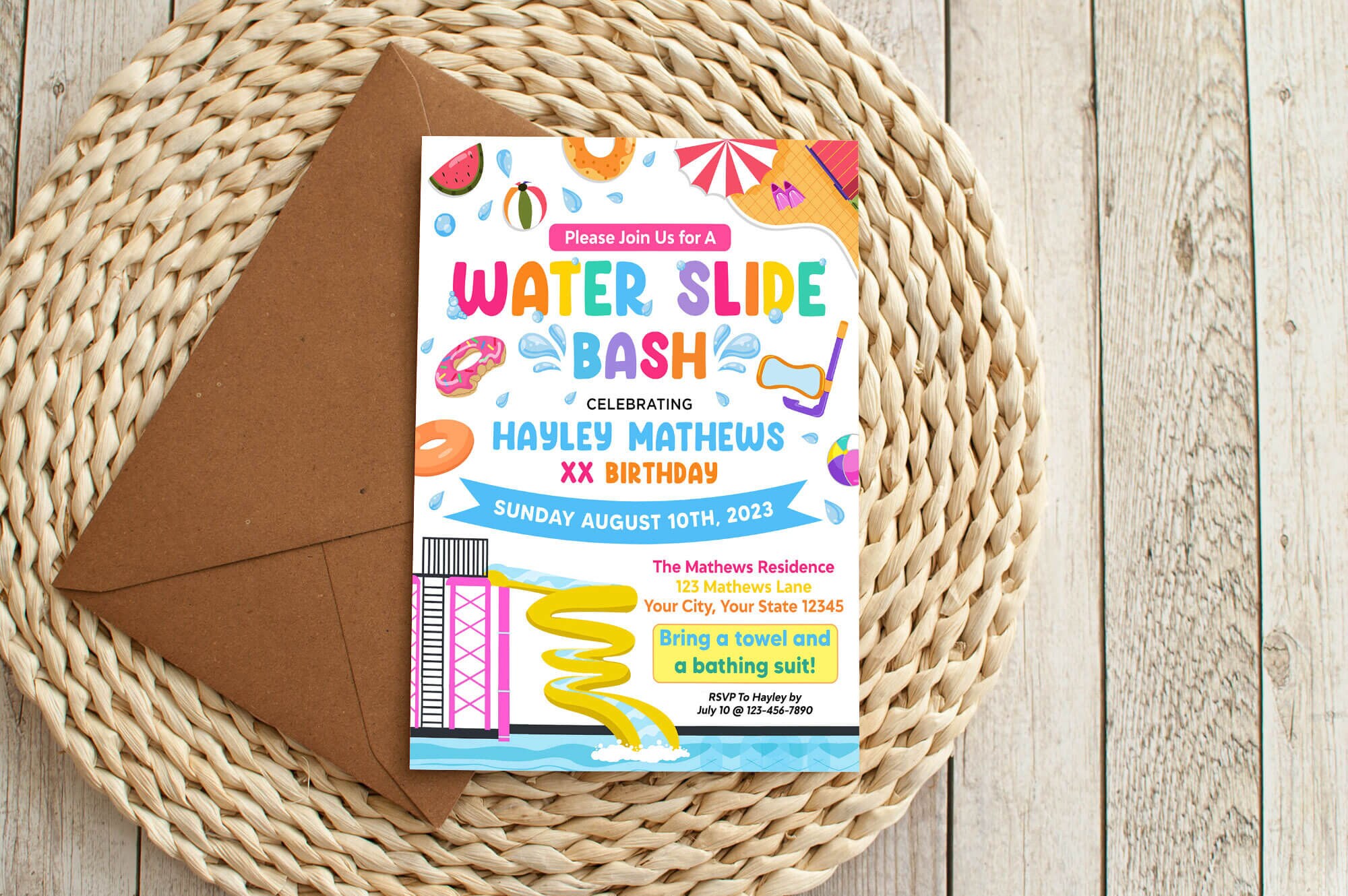 Editable Water Slide Bash Invitation Girl, Summer Party Invite, Summer ...