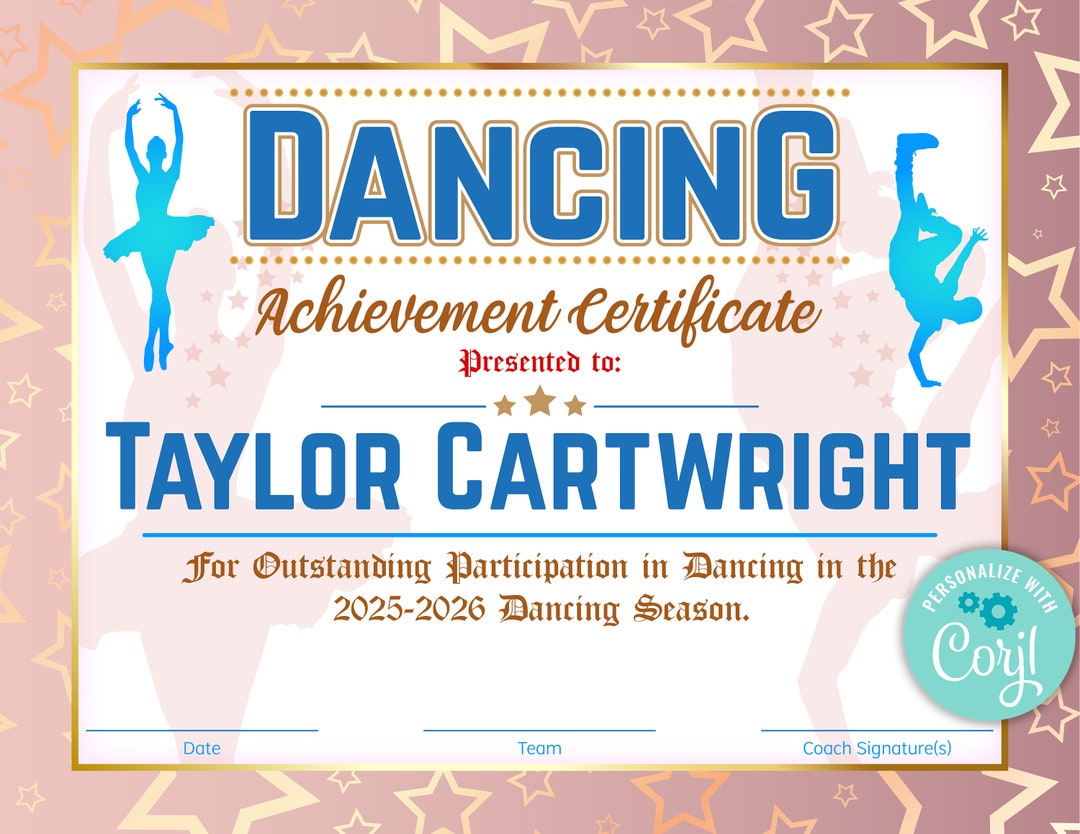 EDITABLE Dancer Certificate, Dancing Award, Dancer Printable - Etsy