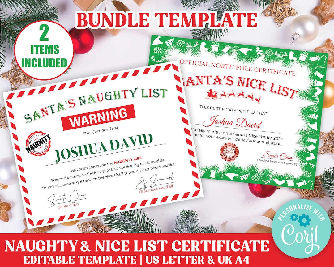 Editable Santa Naughty Nice List Certificate Bundle, Set of 2 Christmas ...