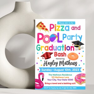 Editable Pizza and Pool Party Graduation Bash Invitation, Grad Party ...