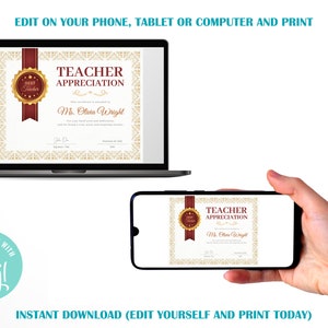Teacher Appreciation Award Certificate Template | Teacher Gift | Award ...