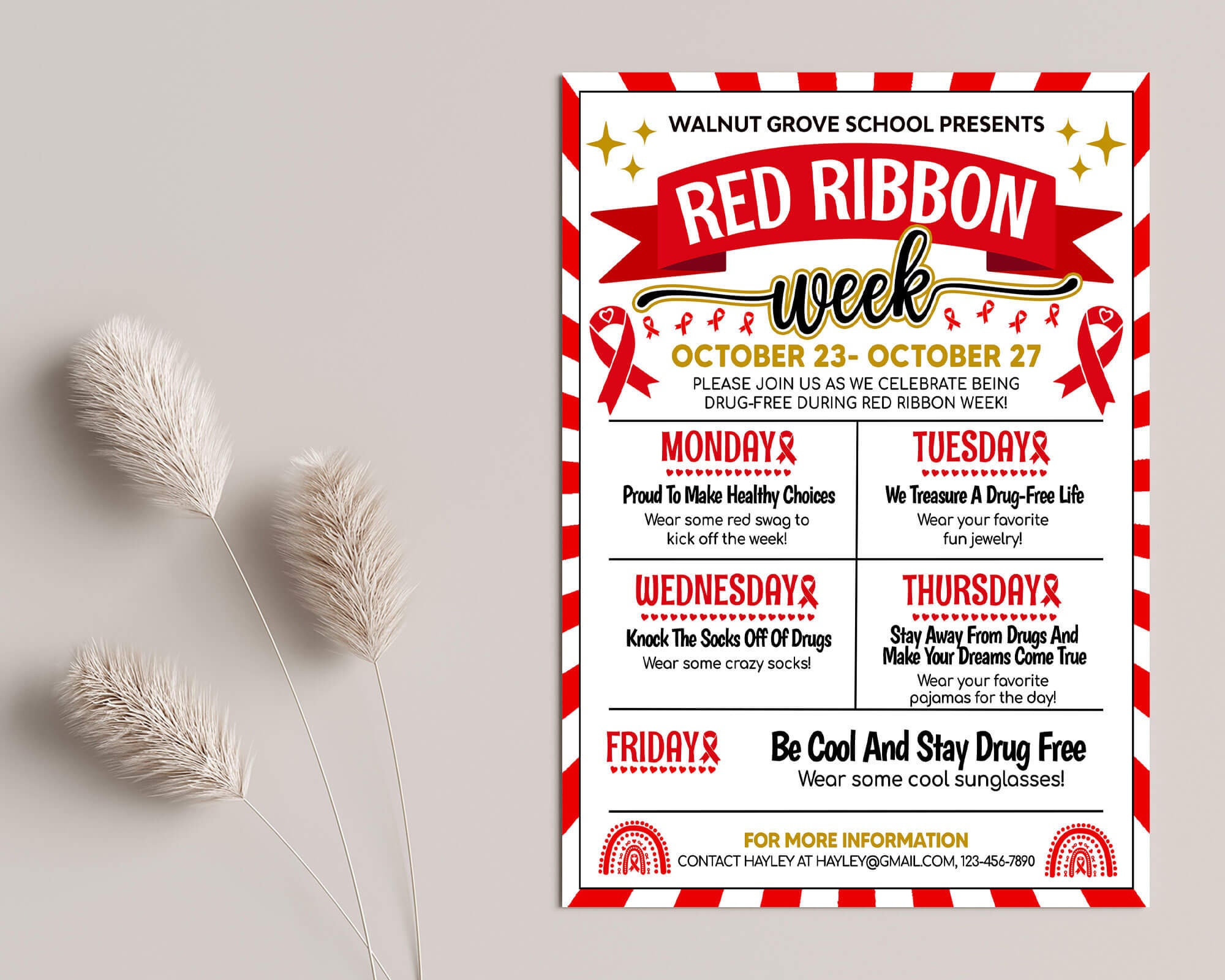 Red Ribbon Spirit Week Template, School Spirit Week Schedule, Red ...