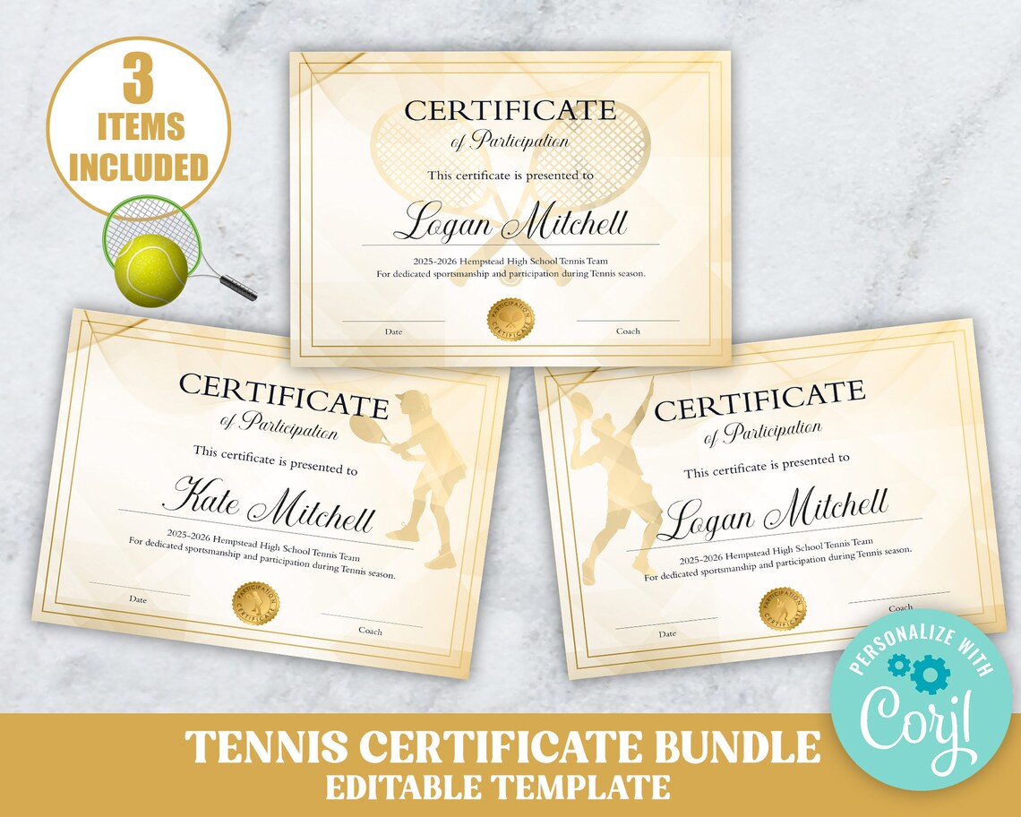 Editable Tennis Certificate Bundle, 3 Printable Tennis Awards - Etsy