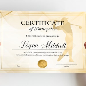 Editable Golf Certificate Template for Boys, DIY Golf Participation ...