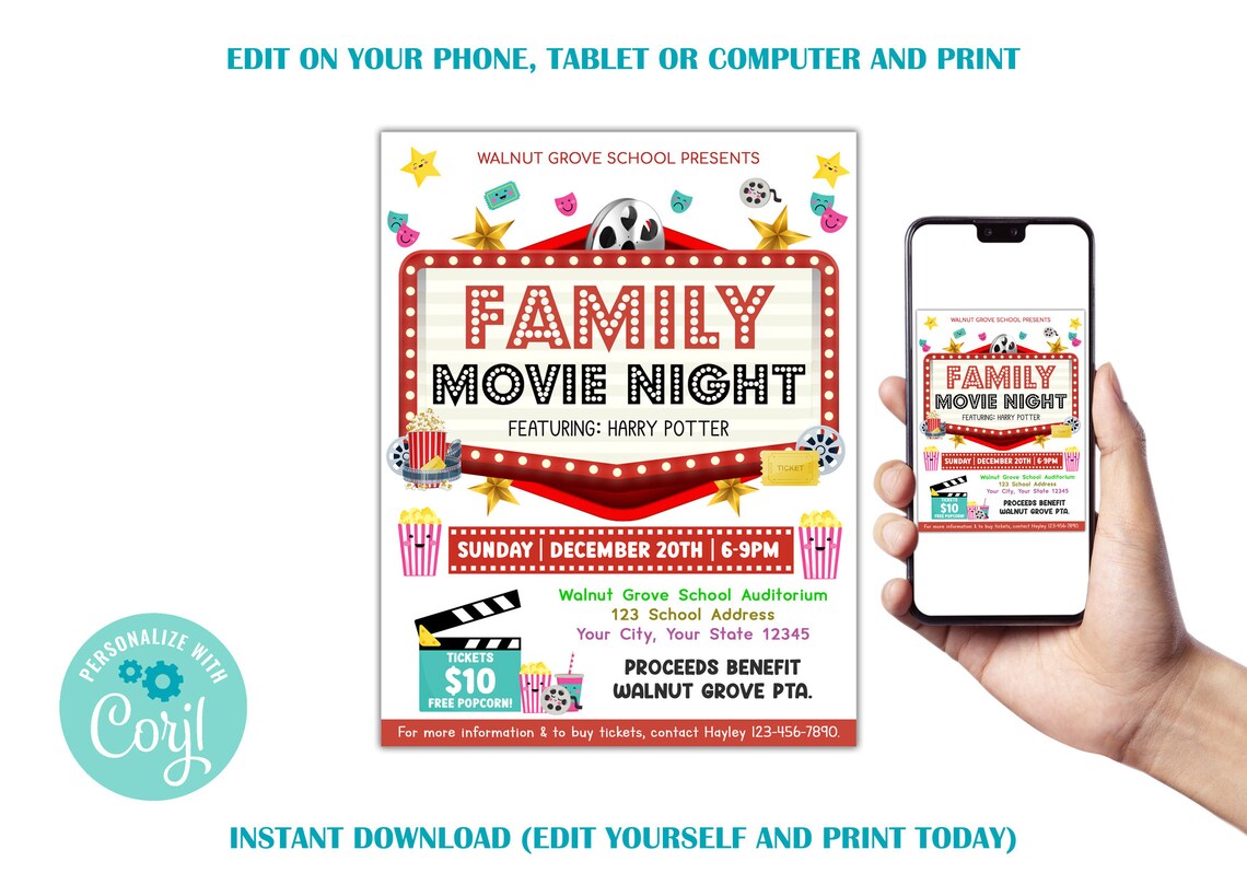 Editable Family Movie Night Flyer, School Church Benefit Fundraiser ...