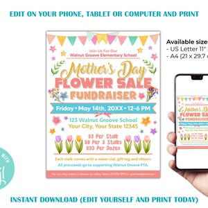 Editable Mother's Day Flower Fundraiser Flyer, School PTO PTA ...