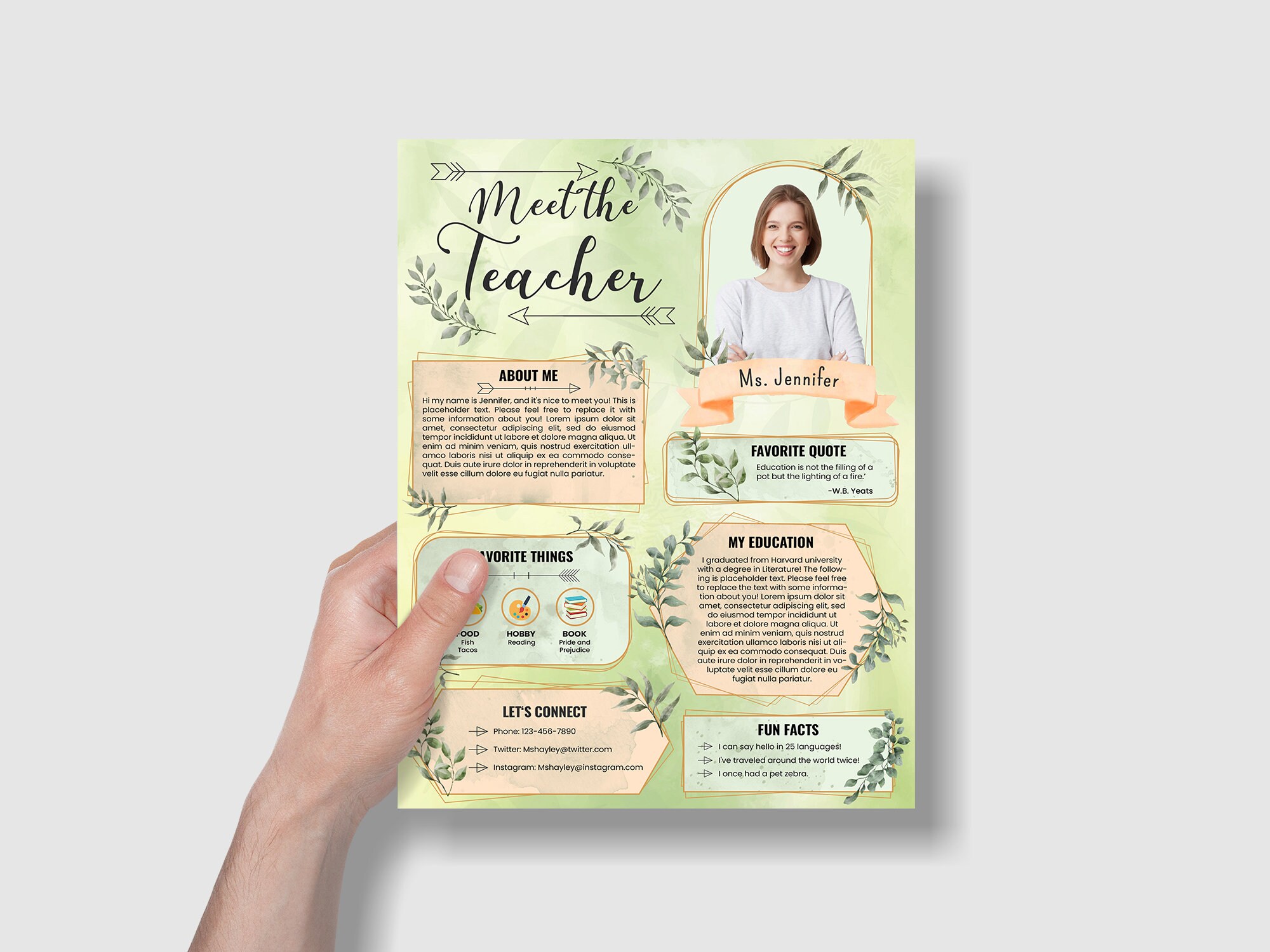 Meet the Teacher Editable Greenery Template, Photo Teacher Letter ...
