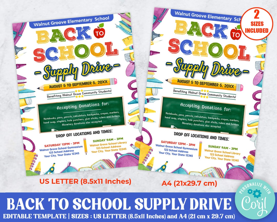 Editable Back to School Supply Drive Flyer, PTO PTA School Flyer ...