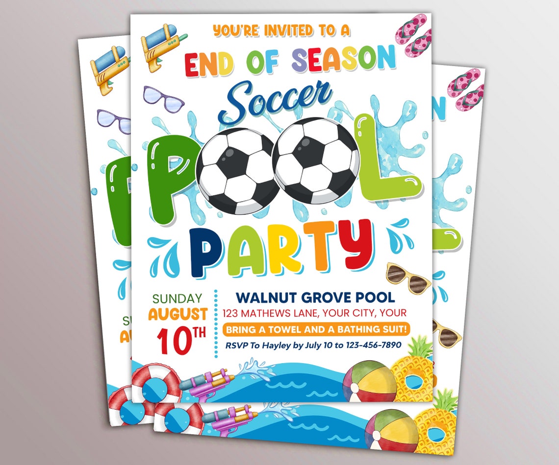 Editable End of Season Soccer Pool Party, Sports Pool Party Invite ...