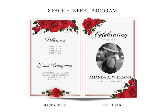 8 Page Red Rose Funeral Program Template, Editable Minimalist Obituary Template by PoshPark ...