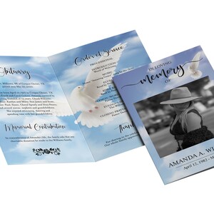 Dove Funeral Program, 4 Page Editable Program for Funeral Print, Blue ...