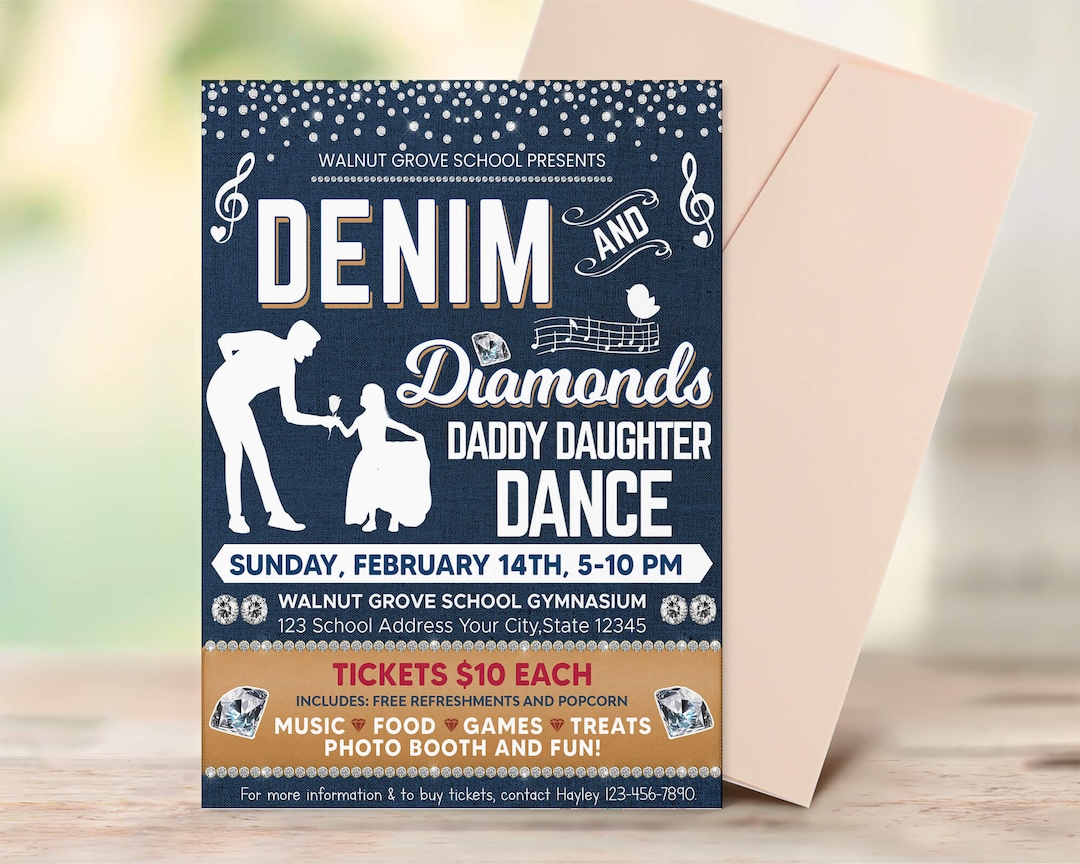 Editable Daddy Daughter Dance Denim and Diamonds Flyer, Blue Jeans and ...