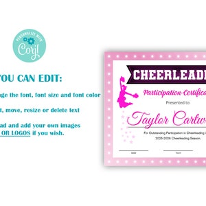 EDITABLE Cheerleader Certificate, Cheerleading Award, Cheerleading ...
