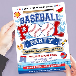 Baseball Pool Party Party, End of Season Pool Party Invite, Baseball ...