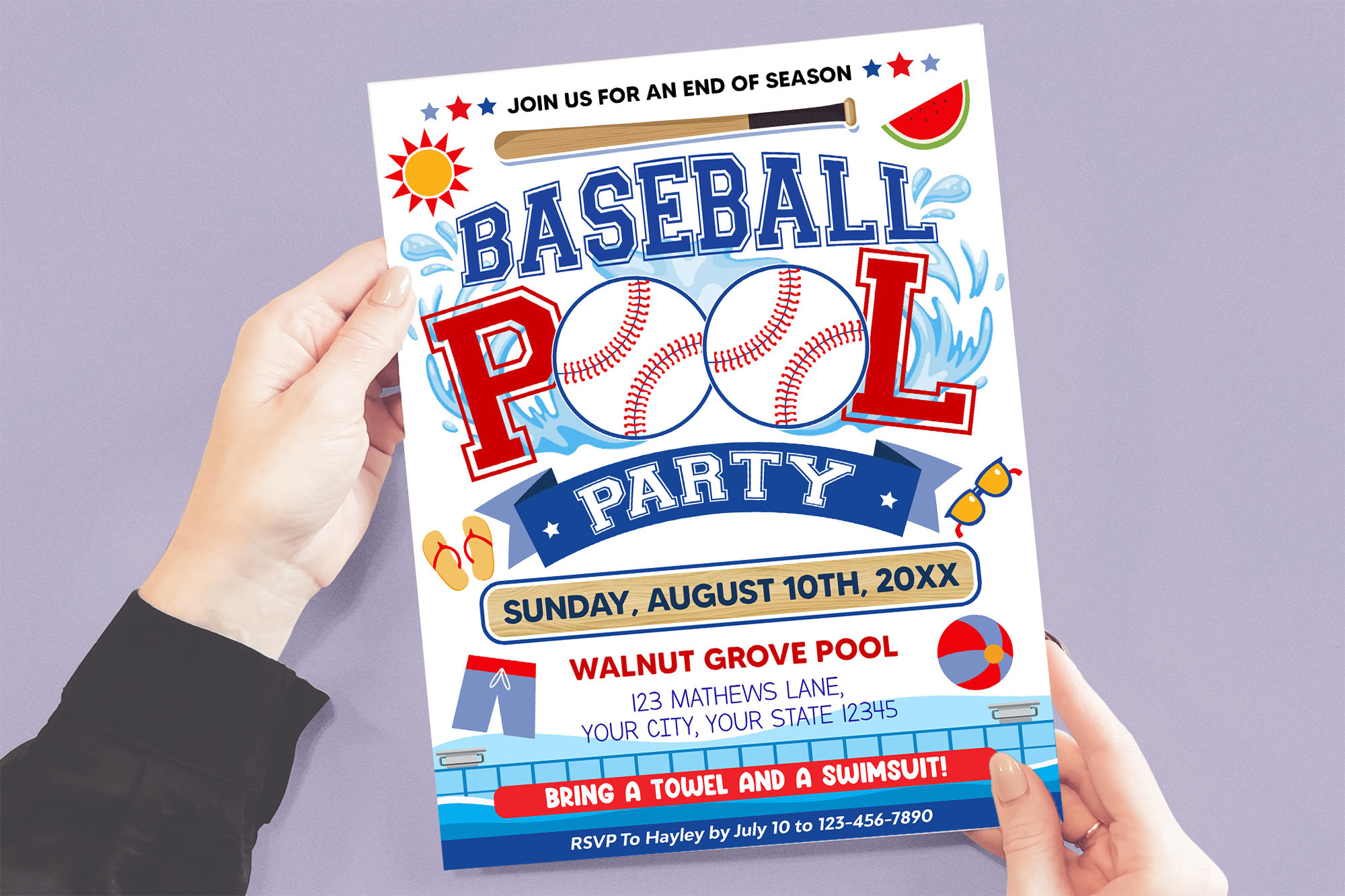 Baseball Pool Party Party, End of Season Pool Party Invite, Baseball ...