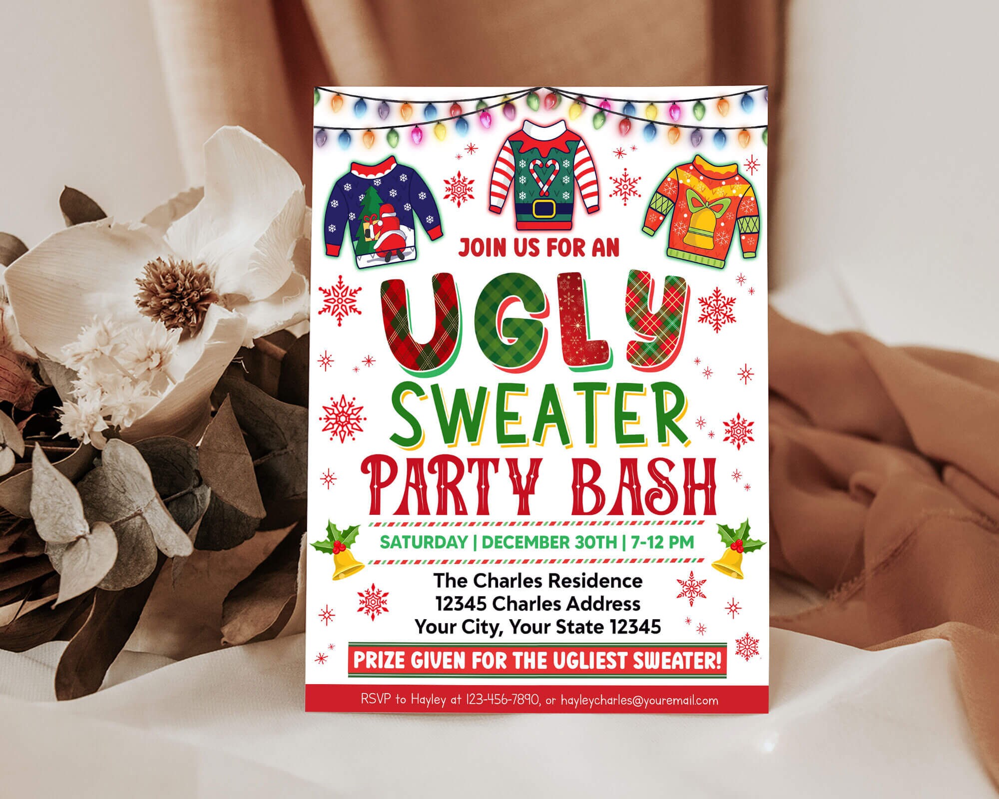 Ugly Sweater Party Flyer Template, Editable Ugly Sweater Holiday Party ...
