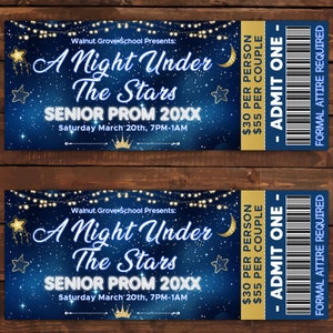 Editable A Night Under the Stars Prom Ticket, School Dance Flyer Prom ...
