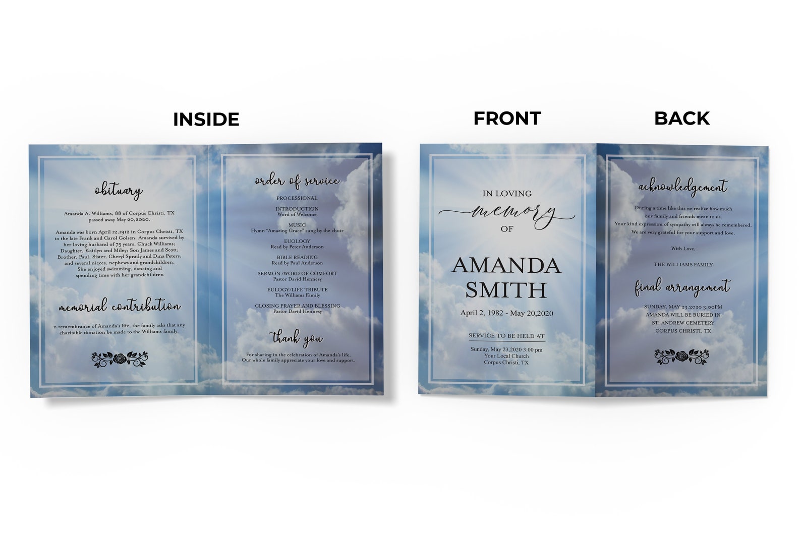 Blue Sky Funeral Brochure, Editable 4 Page Blue Funeral Program - Etsy