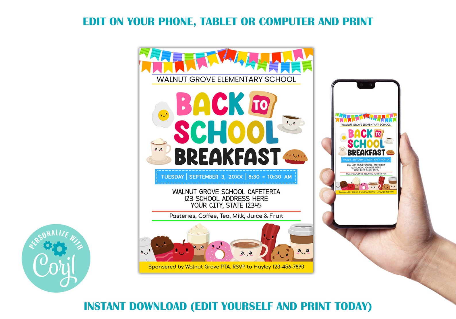 EDITABLE Back to School Breakfast Flyer Template, PTO PTA Fundraiser ...
