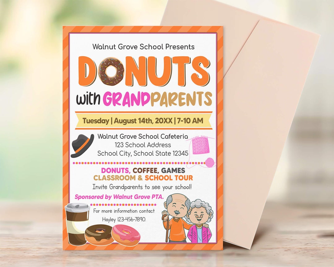 Editable Donuts With Grandparents Flyer, PTO PTA Family Event, Grandpa ...