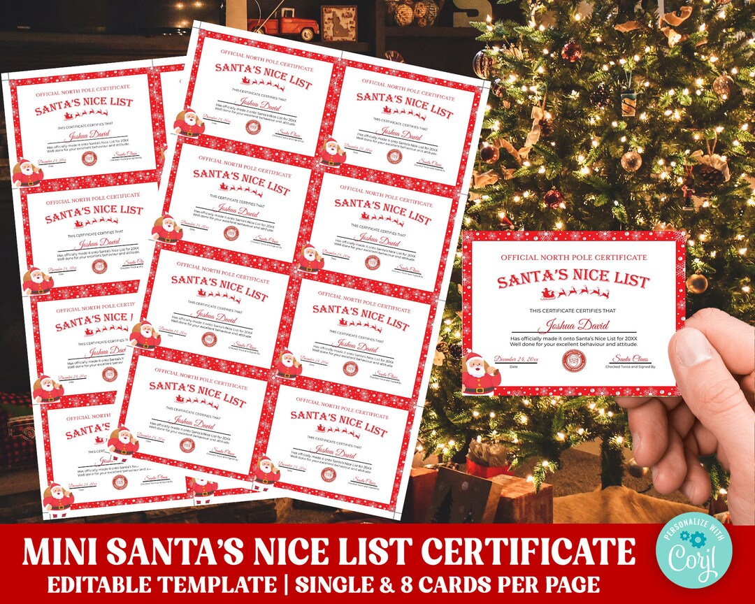 Downloadable Mini Christmas Nice List Certificate From Santa, Red White ...