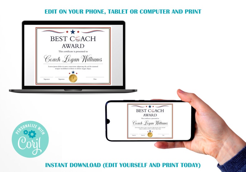 Downloadable Baseball Coach Certificate Template Best - Etsy