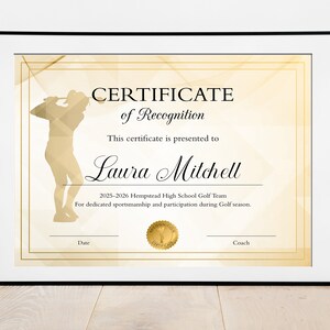 Editable Golf Certificate Template for Girls, DIY Golf Recognition ...